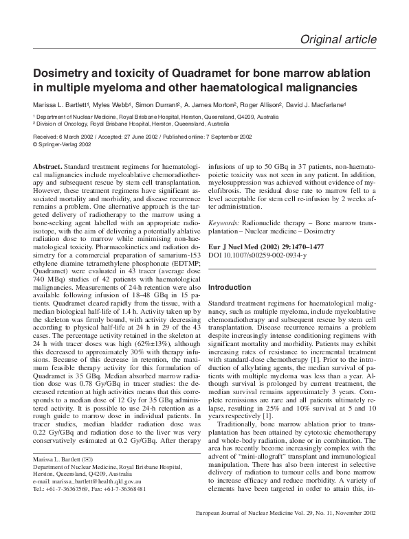 (PDF) Dosimetry and toxicity of Quadramet for bone marrow ablation in ...