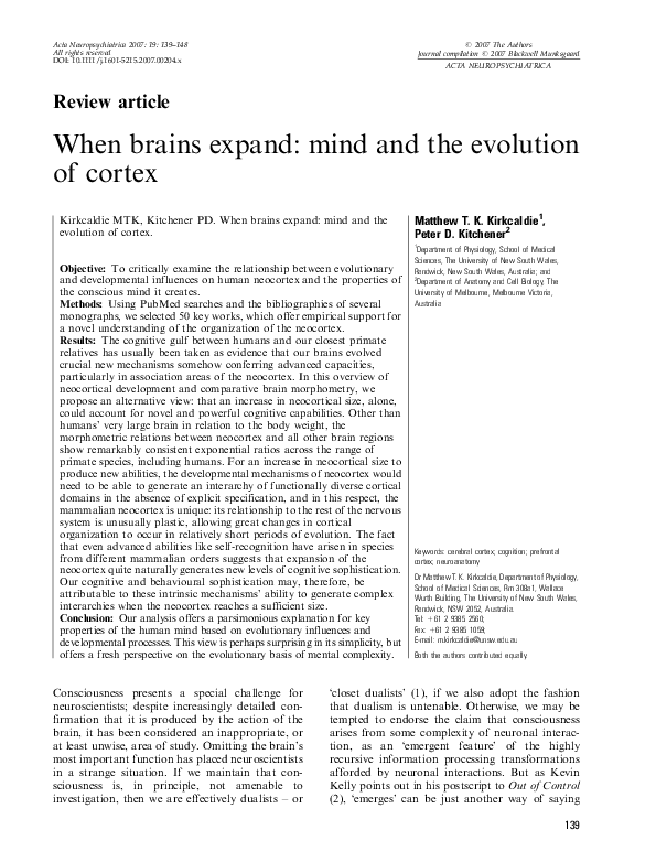 (PDF) When brains expand: mind and the evolution of cortex
