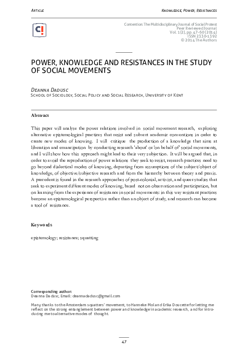 (PDF) Power, Knowledge and Resistances in the Study of Social Movements ...