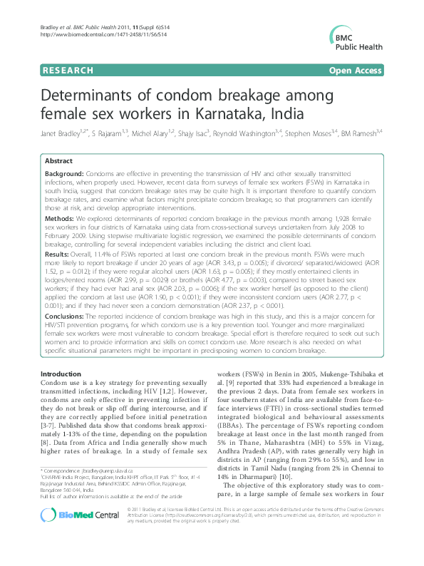 (PDF) Determinants of condom breakage among female sex workers in Karnataka, India | Janet ...