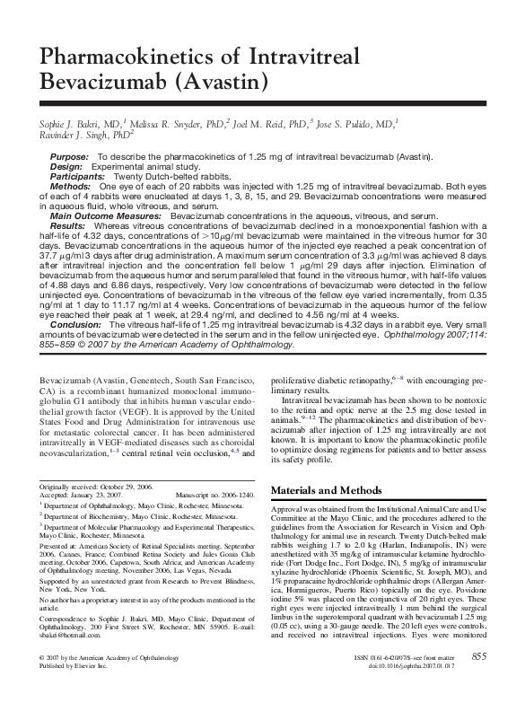 (PDF) Pharmacokinetics of Intravitreal Bevacizumab (Avastin)