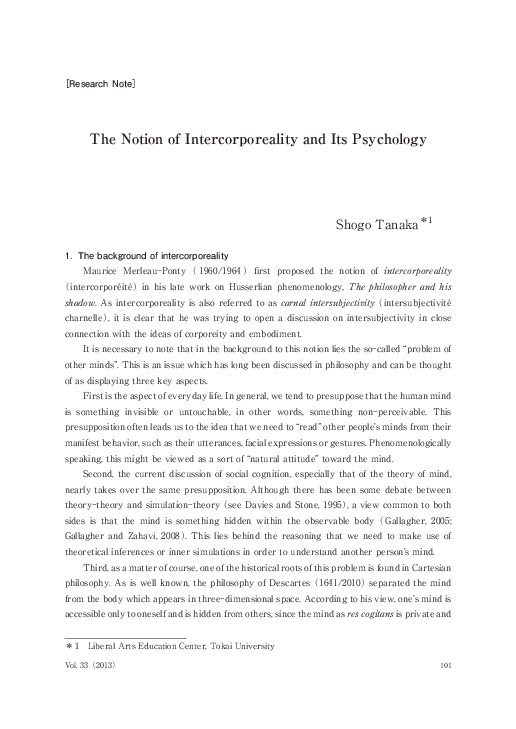 (PDF) The Notion of Intercorporeality and Its Psychology