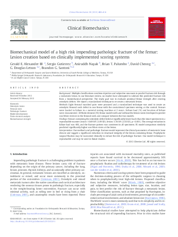 (PDF) Biomechanical model of a high risk impending pathologic fracture ...
