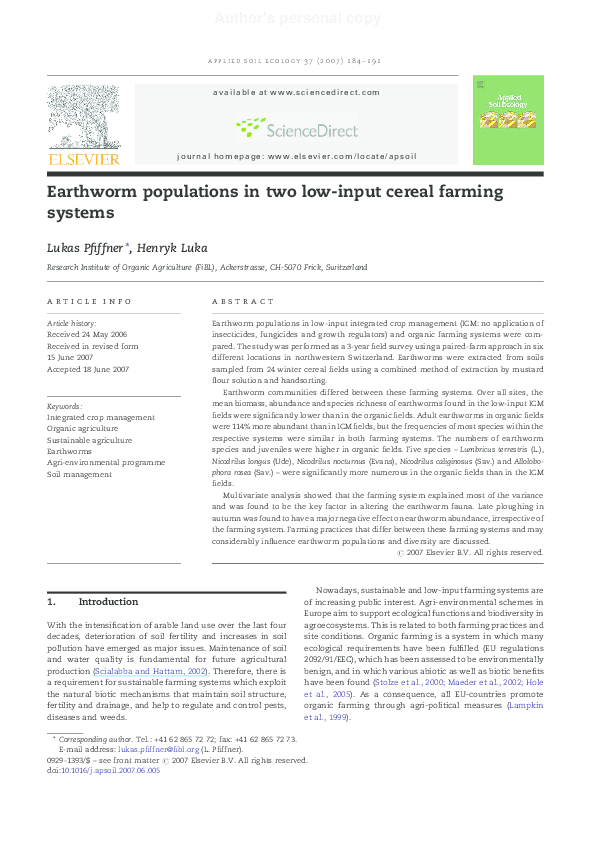 (PDF) Earthworm populations in two low-input cereal farming systems