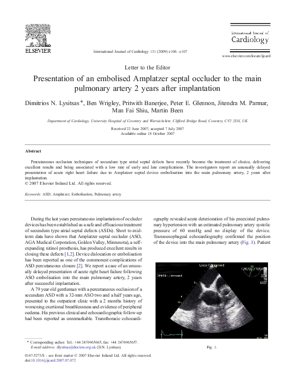 (PDF) Presentation of an embolised Amplatzer septal occluder to the ...