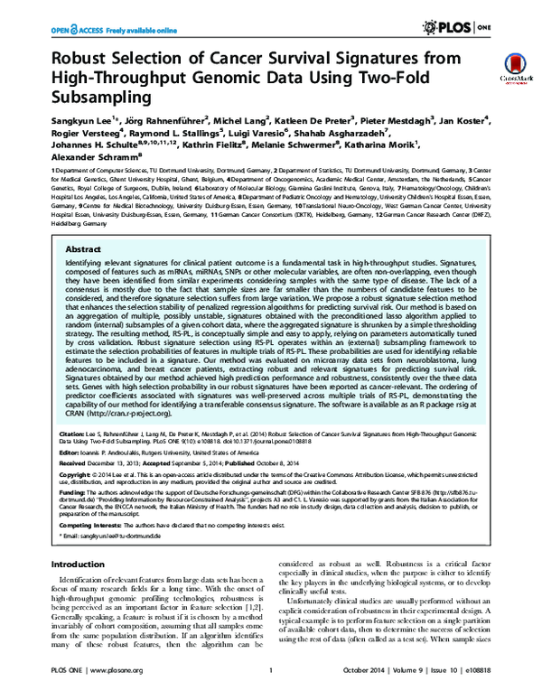 (PDF) Robust Selection of Cancer Survival Signatures from High-Throughput Genomic Data Using Two ...