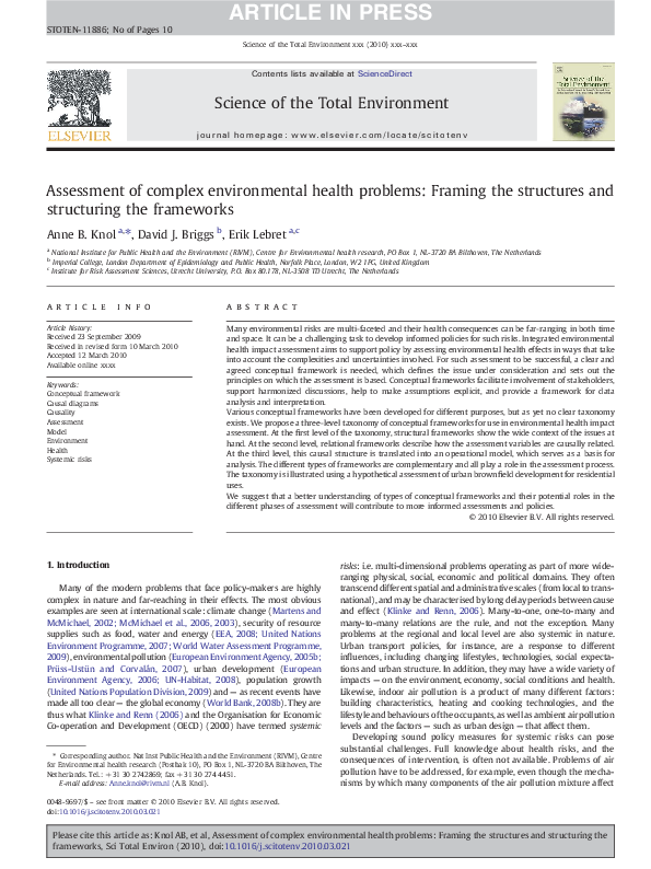 (PDF) Assessment of complex environmental health problems: framing the ...
