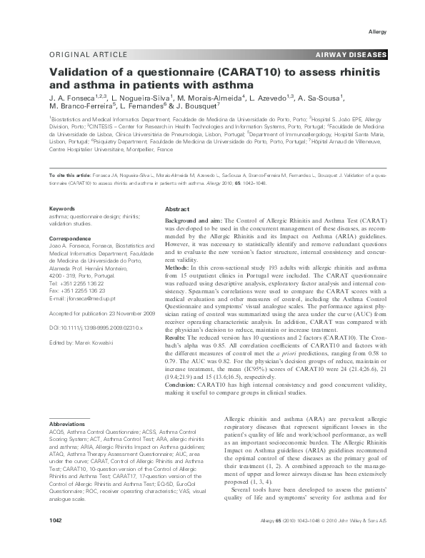 (PDF) Validation of a questionnaire (CARAT10) to assess rhinitis and ...