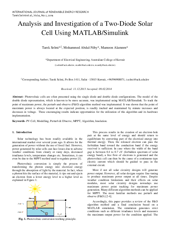 Pdf Analysis And Investigation Of A Two Diode Solar Cell Using Matlab