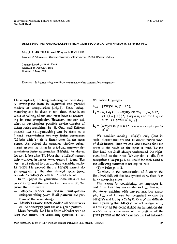 (PDF) Remarks on string-matching and one-way multihead automata