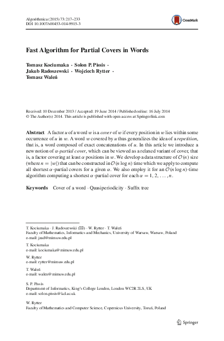 Pdf Fast Algorithm For Partial Covers In Words Tomasz Kociumaka Wojciech Rytter Tomasz