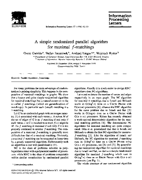 Pdf A Simple Randomized Parallel Algorithm For Maximal ƒ Matchings Wojciech Rytter
