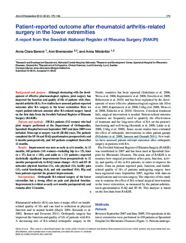 (PDF) Patient-reported outcome after rheumatoid arthritis-related ...