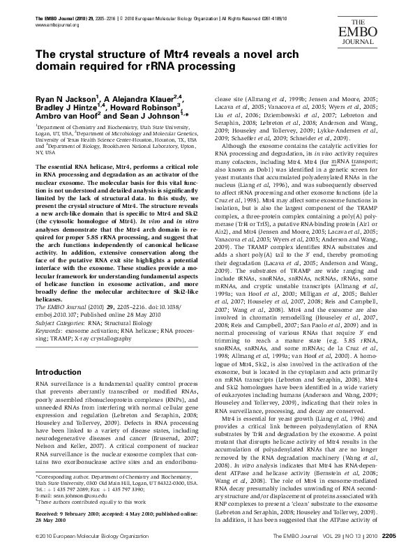 (PDF) The crystal structure of Mtr4 reveals a novel arch domain ...