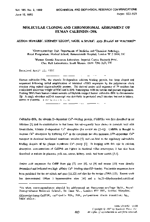 (PDF) Molecular cloning and chromosomal assignment of human calbindin-D9K