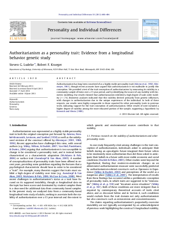 (PDF) Authoritarianism as a personality trait: Evidence from a ...
