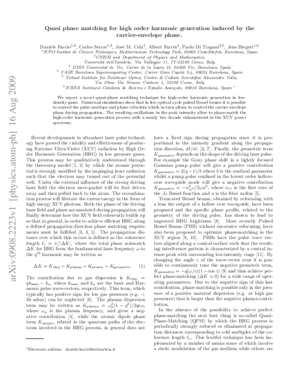 (PDF) Quasi phase matching for high order harmonic generation induced by the carrier-envelope phase
