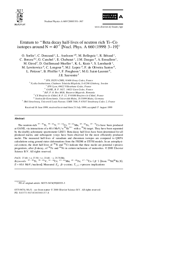 (PDF) Erratum to “Beta decay half-lives of neutron rich Ti–Co isotopes around ” [Nucl. Phys. A ...
