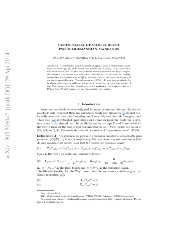 (PDF) Conformally quasi-recurrent pseudo-Riemannian manifolds | Carlo ...