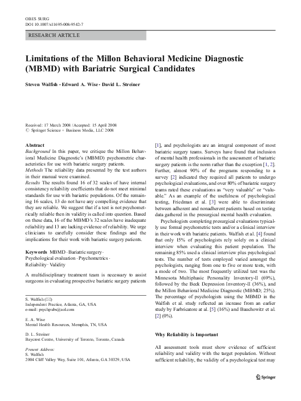 (PDF) Limitations of the Millon Behavioral Medicine Diagnostic (MBMD ...