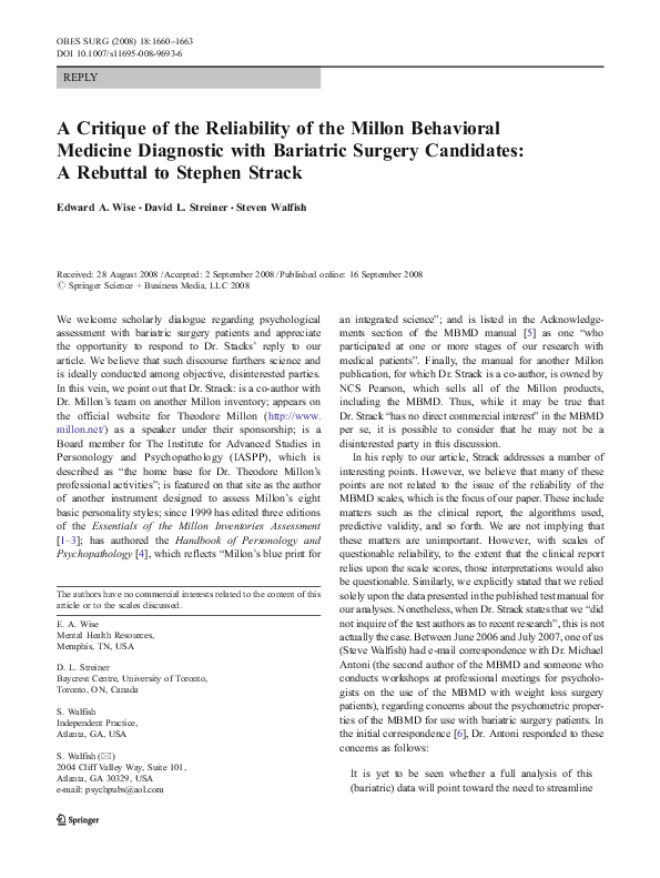 (PDF) A Critique of the Reliability of the Millon Behavioral Medicine ...