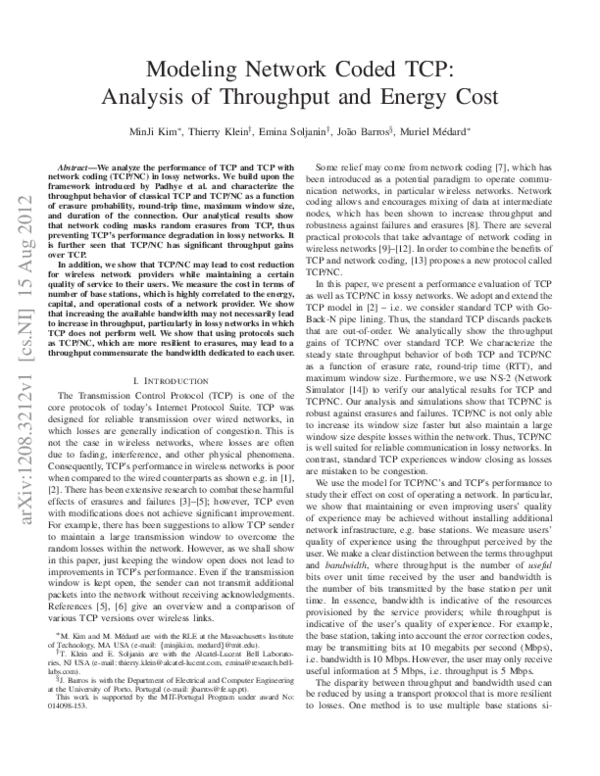 Pdf Modeling Network Coded Tcp Analysis Of Throughput And Energy