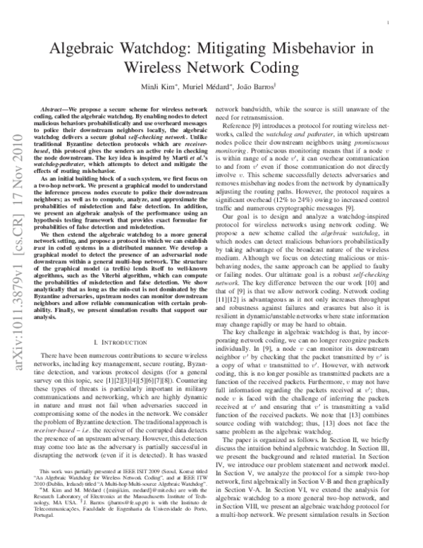 (PDF) Algebraic Watchdog: Mitigating Misbehavior in Wireless Network Coding