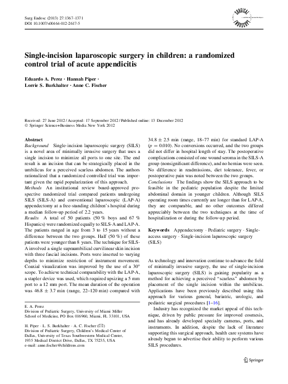 (PDF) Single-incision laparoscopic surgery in children: initial single-center experience