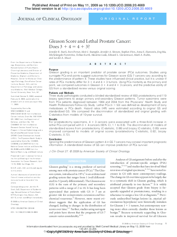 (PDF) Gleason Score and Lethal Prostate Cancer: Does 3 + 4 = 4 + 3?