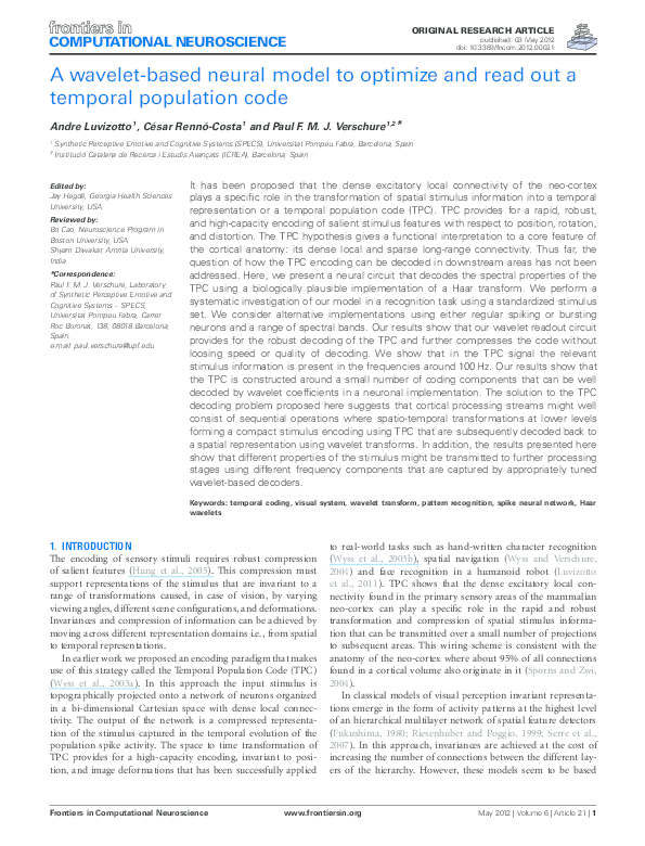 (PDF) A wavelet-based neural model to optimize and read out a temporal population code