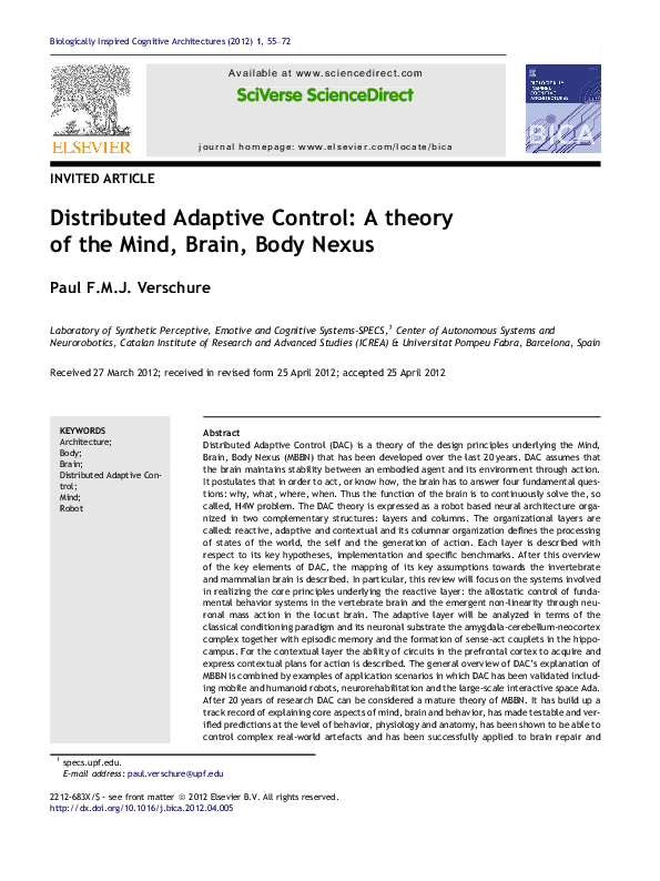 (PDF) Distributed Adaptive Control: A theory of the Mind, Brain, Body Nexus