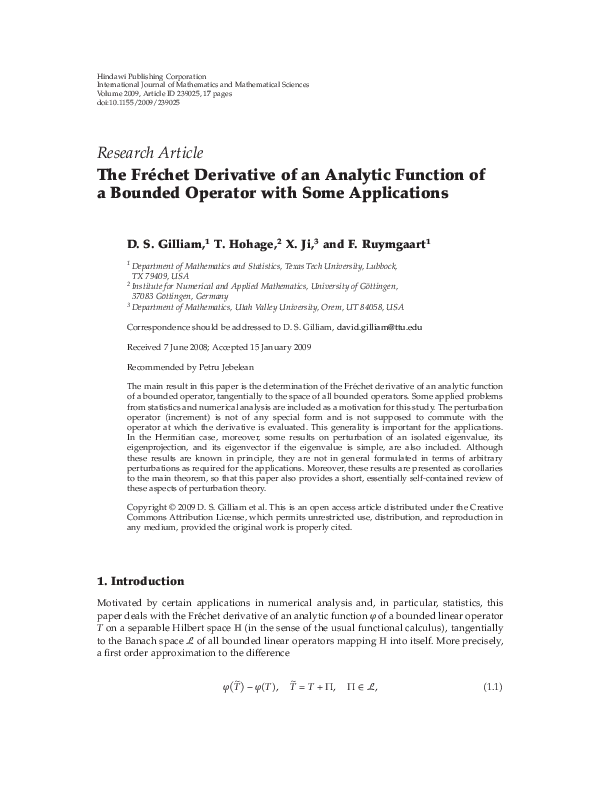 (PDF) The Fréchet Derivative of an Analytic Function of a Bounded Operator with Some Applications