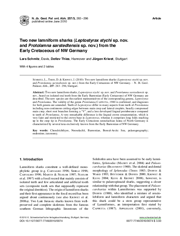 (PDF) Two new lamniform sharks (Leptostyrax stychi sp. nov. and ...