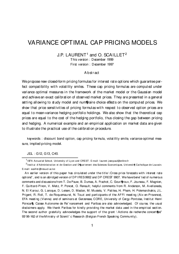 (PDF) Variance Optimal Cap Pricing Models