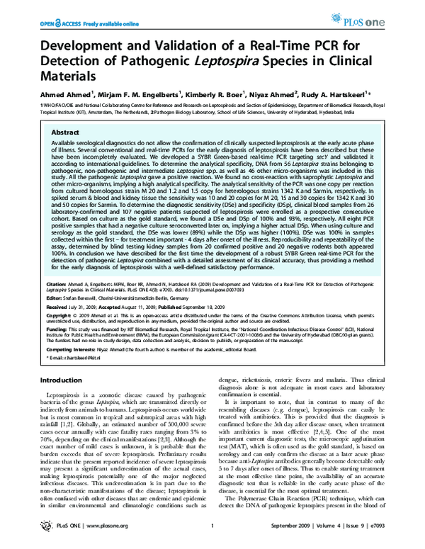 (PDF) Development and Validation of a Real-Time PCR for Detection of Pathogenic Leptospira ...