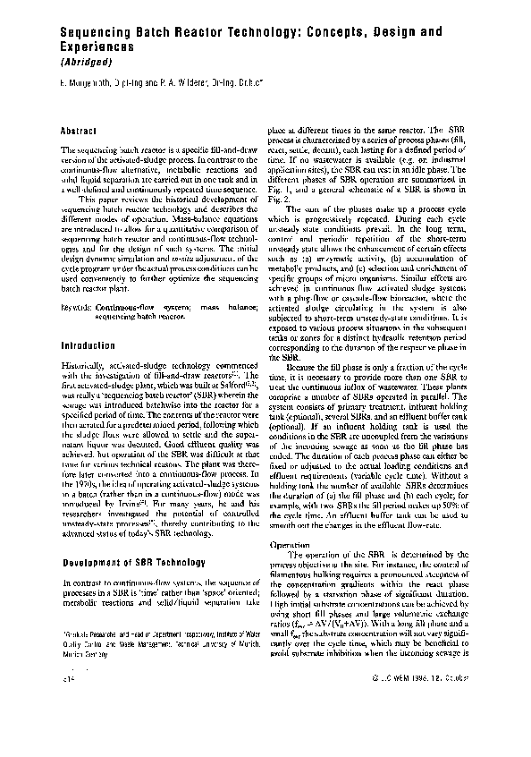 (PDF) Sequencing Batch Reactor Technology: Concepts, Design and Experiences (Abridged)