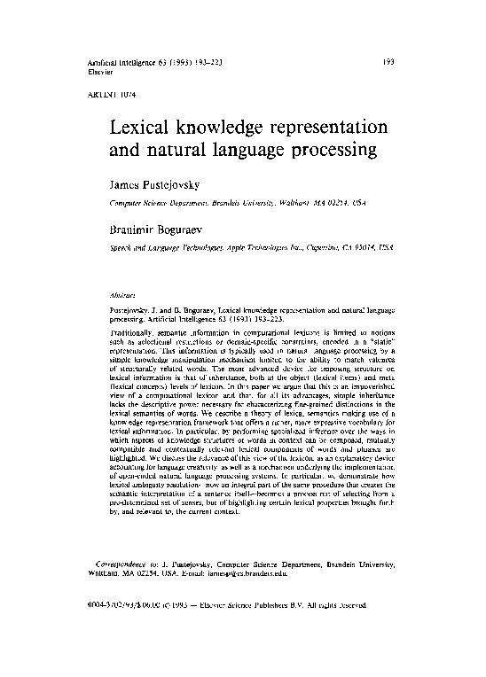 Lexical knowledge representation and natural language processing