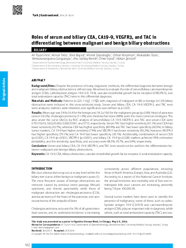(PDF) Roles of serum and biliary CEA, CA19-9, VEGFR3, and TAC in differentiating between ...