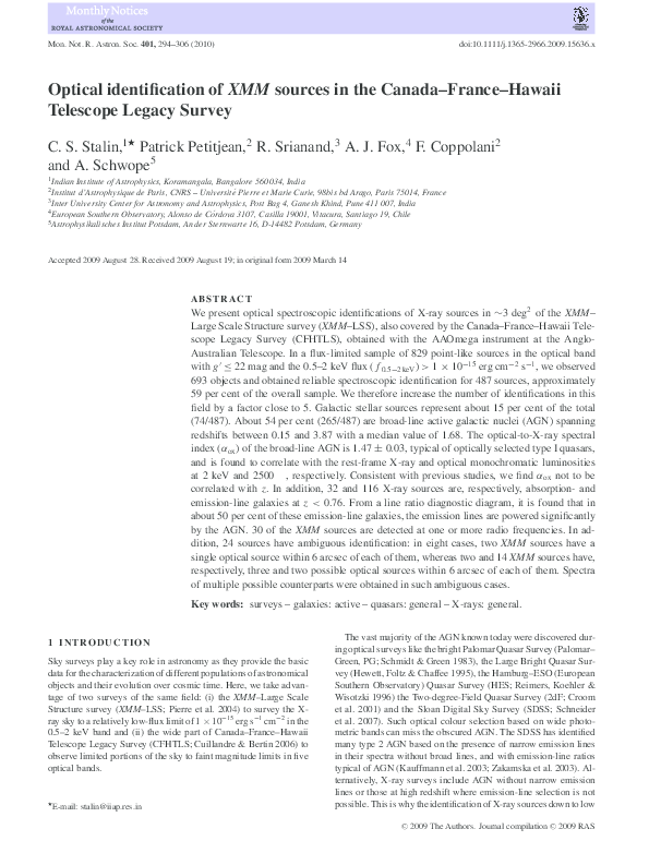 (PDF) Optical identification of XMM sources in the Canadaâ Franceâ Hawaii Telescope Legacy Survey