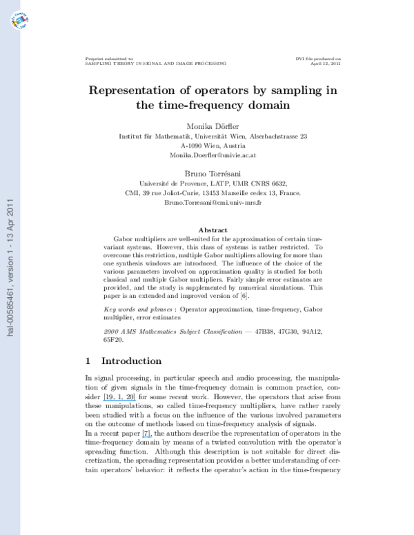 (PDF) Representation of Operators by Sampling In the Time-Frequency Domain