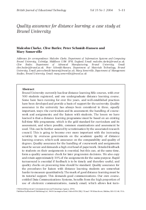 (PDF) Quality assurance for distance learning: a case study at Brunel ...