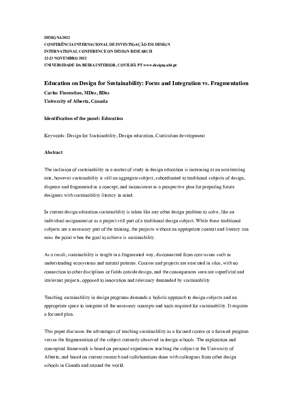 (PDF) Education on Design for Sustainability: Focus vs. Fragmentation ...