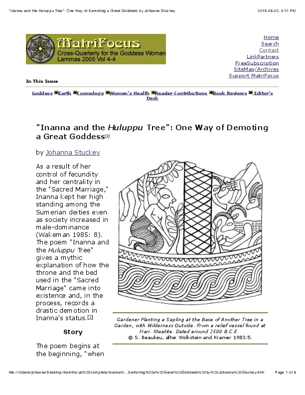 (PDF) "Inanna and the Huluppu Tree": One Way of Demoting a Great Goddess [1
