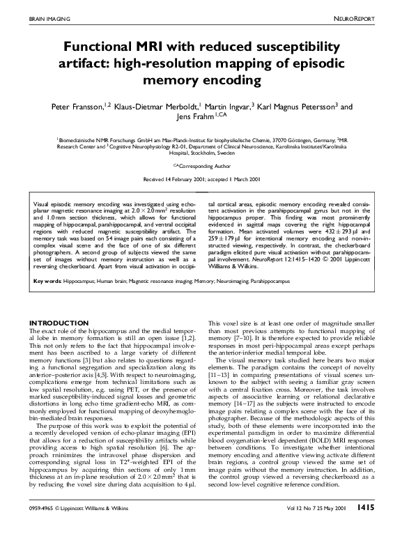 (PDF) Functional MRI with reduced susceptibility artifact: high-resolution mapping of episodic ...