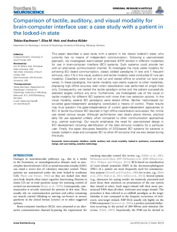 (PDF) Comparison of tactile, auditory, and visual modality for brain ...