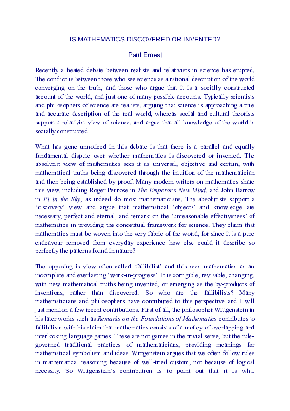 (DOC) IS MATHEMATICS DISCOVERED OR INVENTED