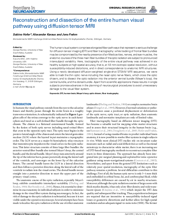 (PDF) Reconstruction and dissection of the entire human visual pathway using diffusion tensor MRI