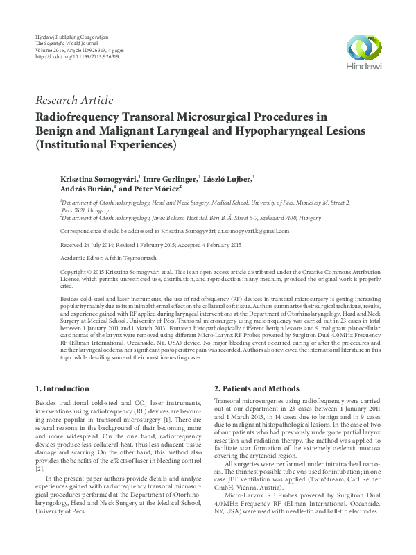(PDF) Radiofrequency Transoral Microsurgical Procedures in Benign and Malignant Laryngeal and ...