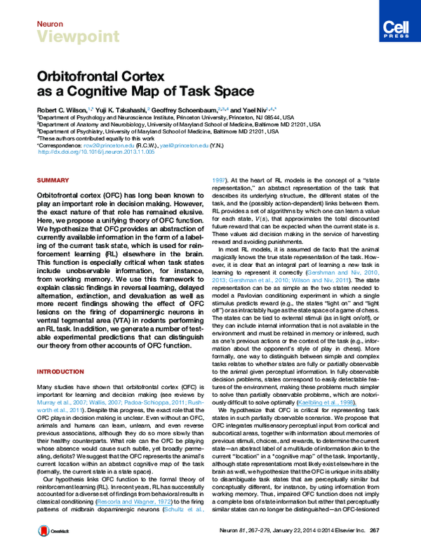 Pdf Orbitofrontal Cortex As A Cognitive Map Of Task Space