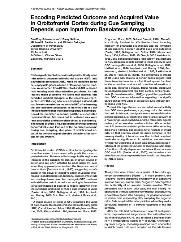 (PDF) Encoding Predicted Outcome and Acquired Value in Orbitofrontal Cortex during Cue Sampling ...